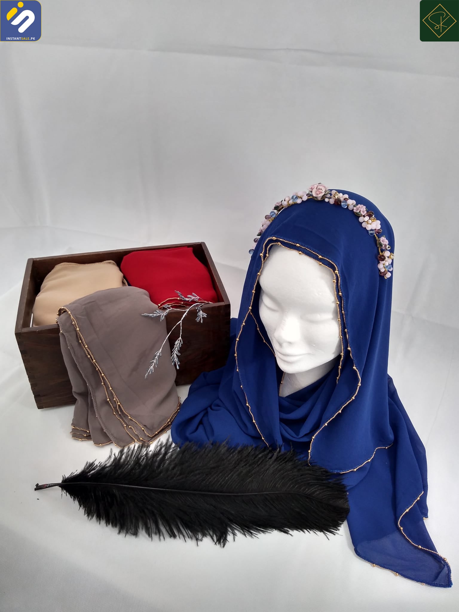 SK IMPORTED POLYESTER PEARL BORDER PLAIN DESIGN SCARF, HIJAB, STALLER ...